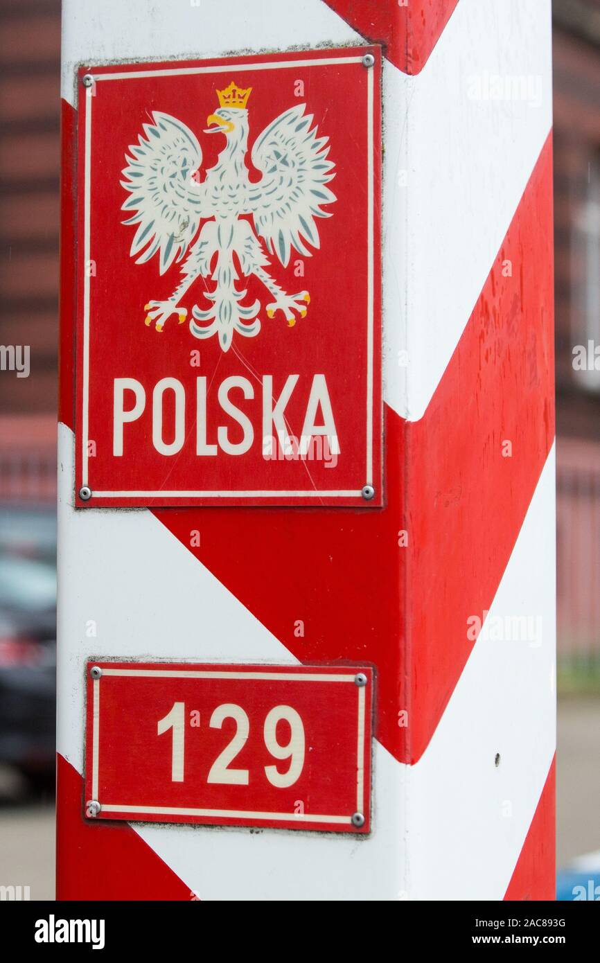 A border marker of Poland seen on The John Paul II Bridge in Zgorzelec ...