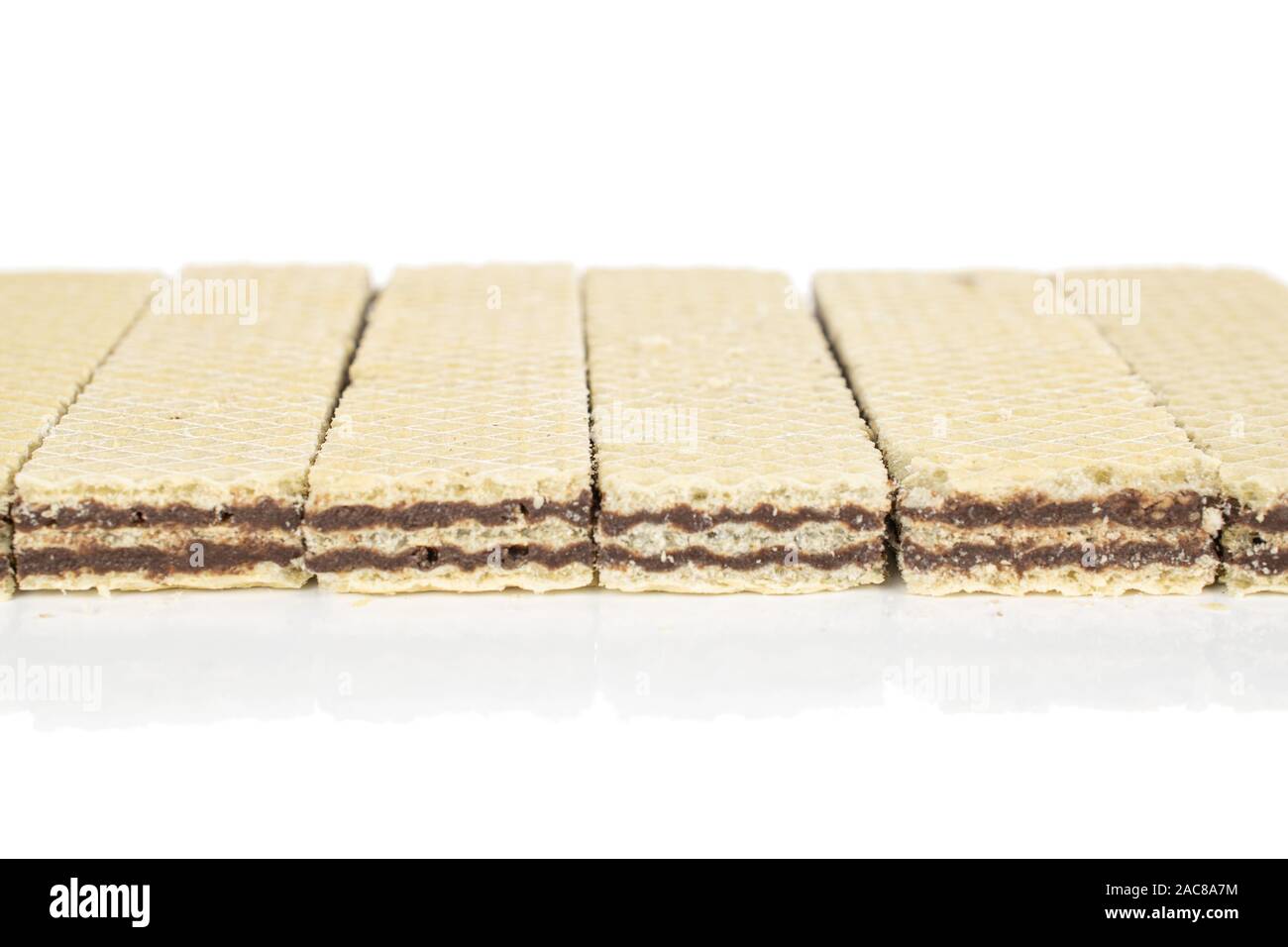 Group of six whole sweet chocolate biscuit wafer isolated on white ...