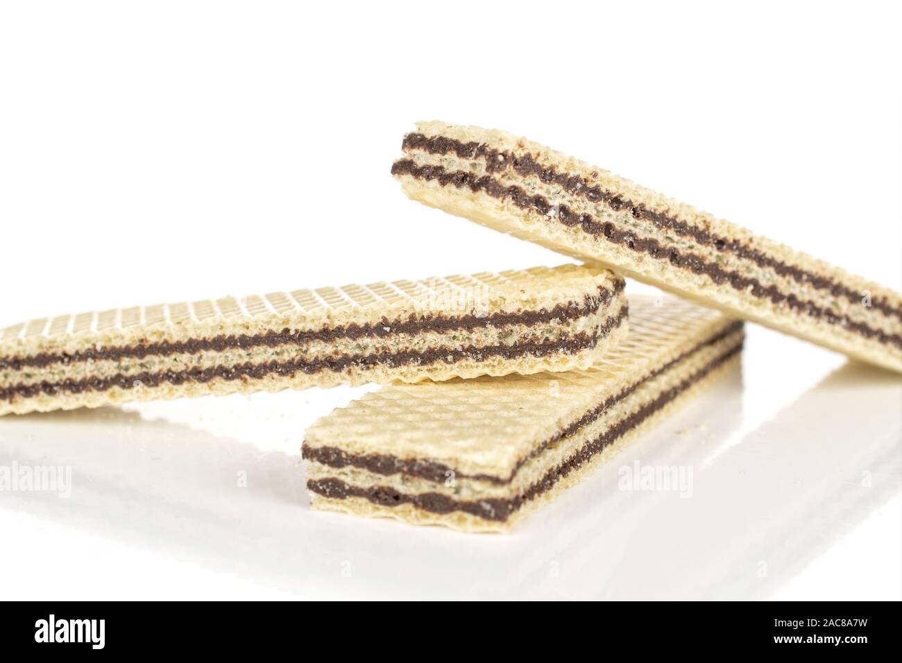 Group of three whole sweet chocolate biscuit wafer isolated on white ...