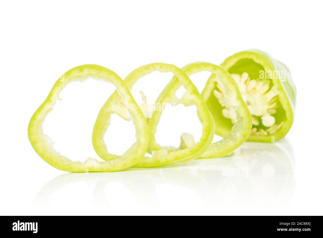 Group of three slices one piece of hot green pepper banana isolated on ...