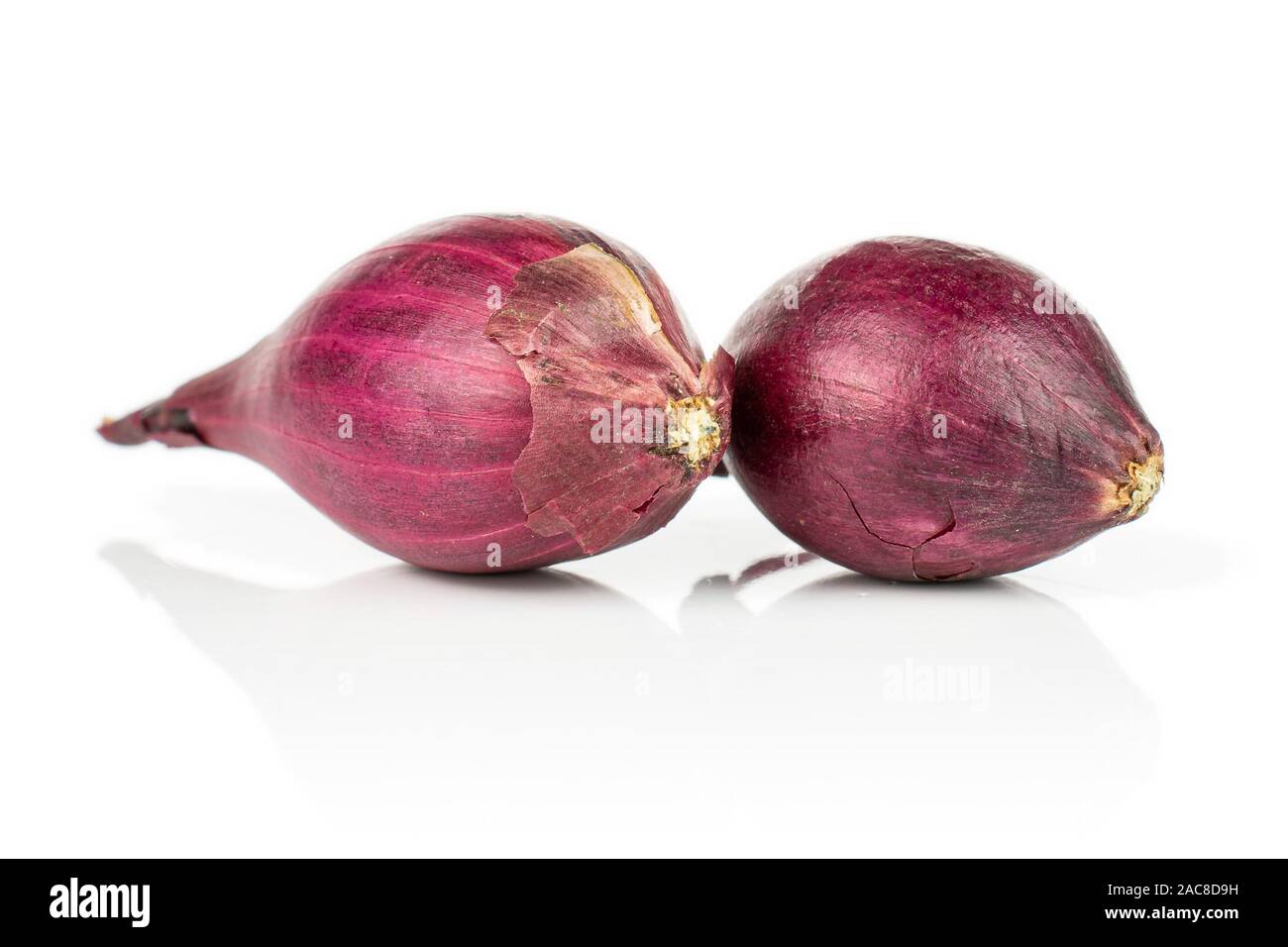 Group of two whole small red onion bulb isolated on white background ...