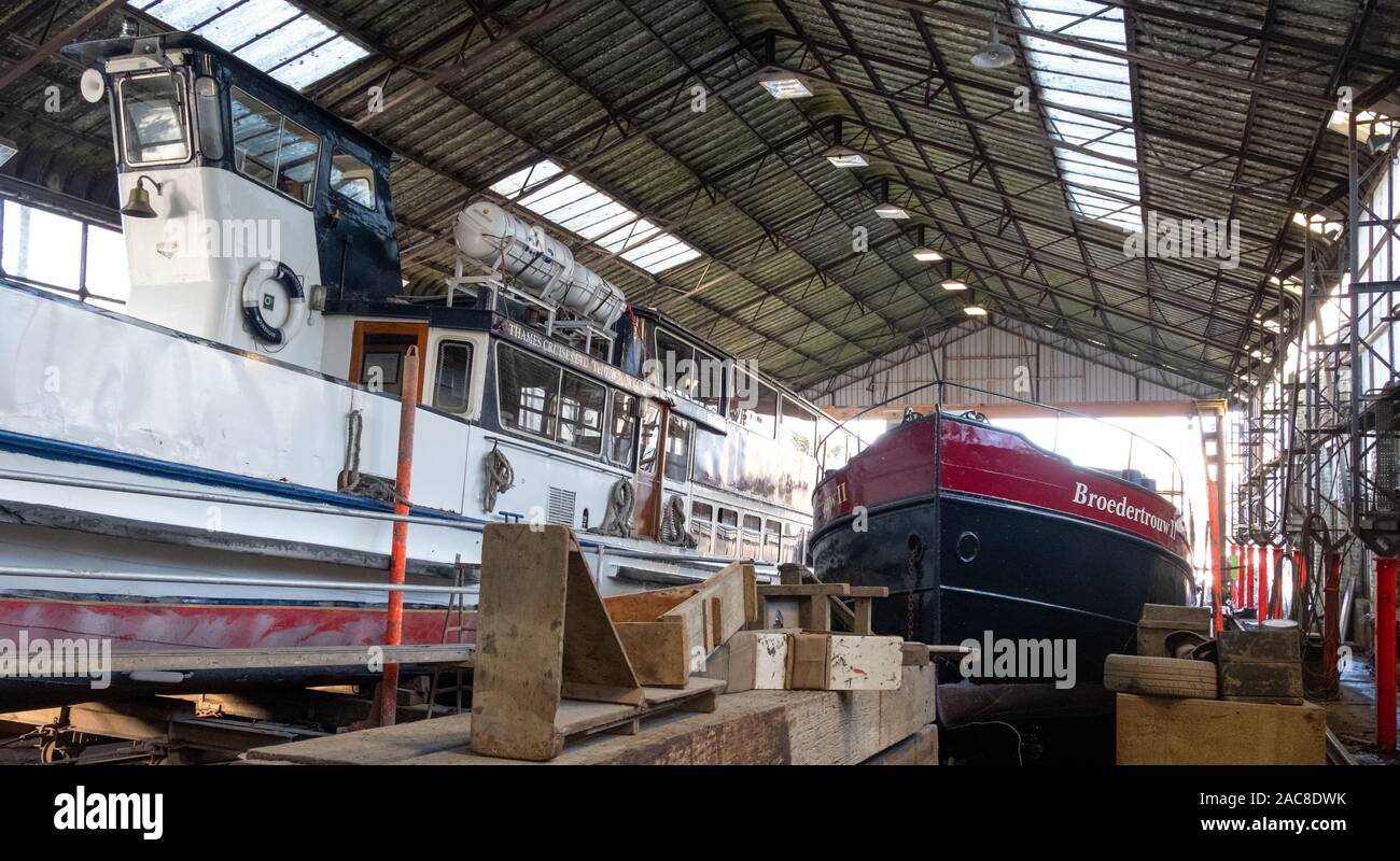 Interior of working boatyard at Eel Pie Island, Twickenham, west London ...