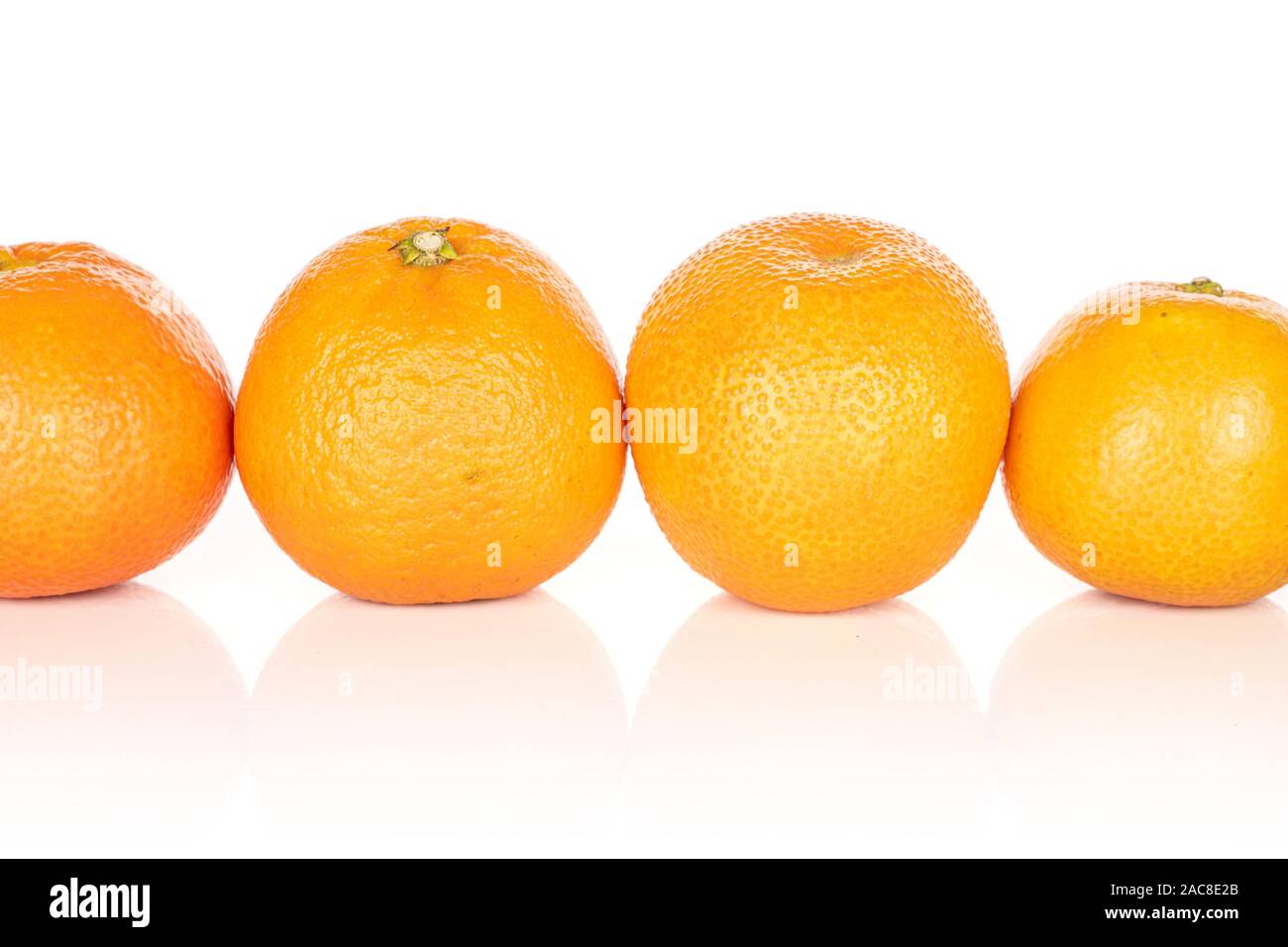Group of four whole fresh orange mandarin in line isolated on white ...
