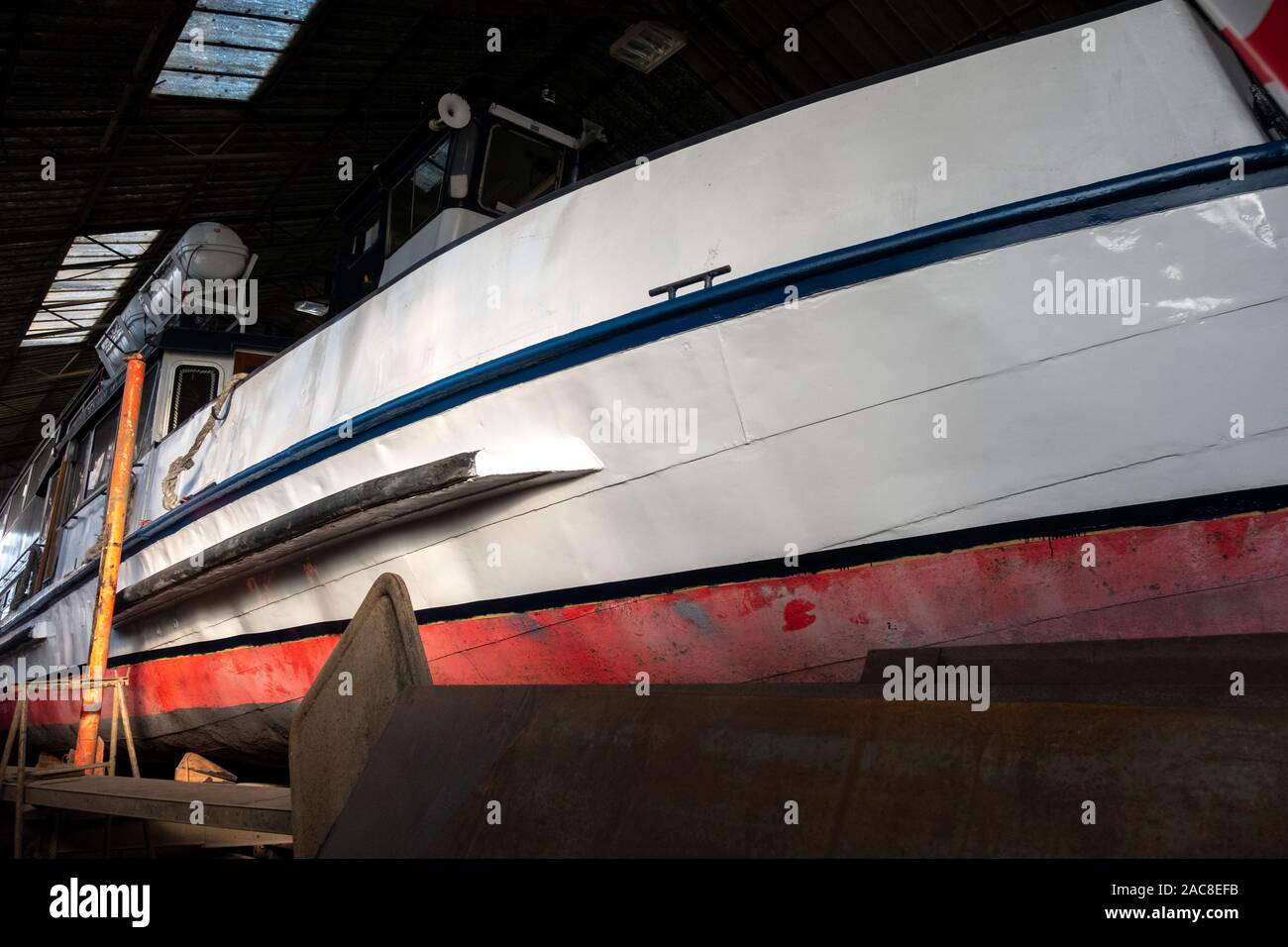 Interior of working boatyard at Eel Pie Island, Twickenham, west London ...