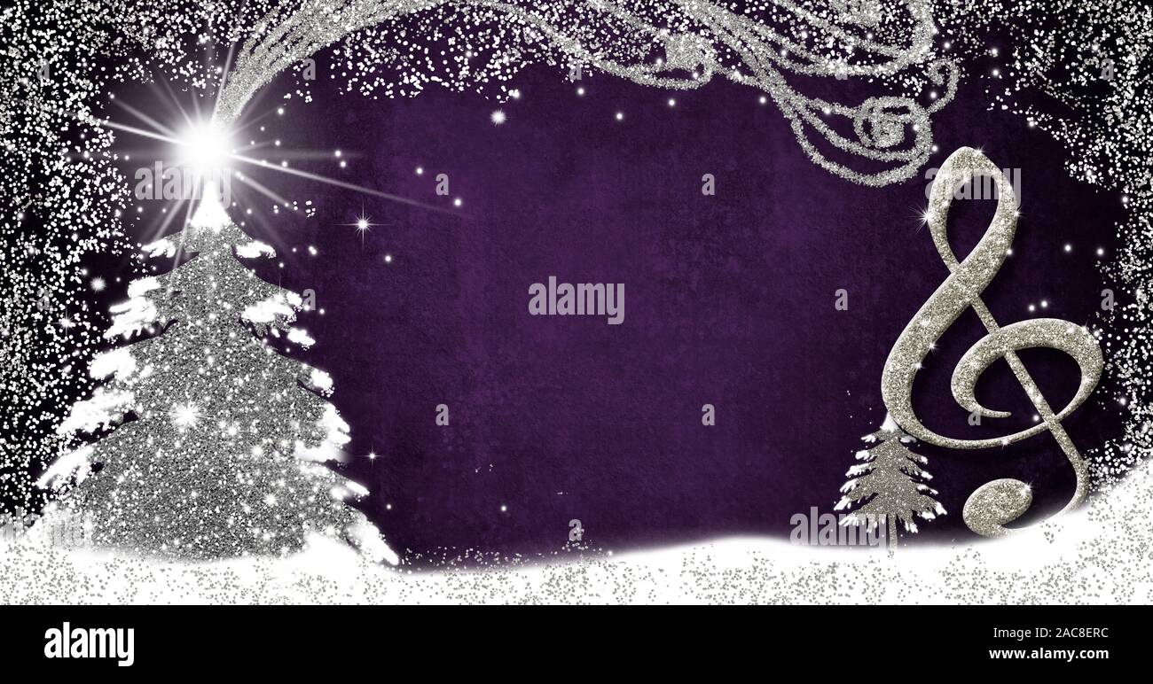 Christmas musical card. Treble clef and fir tree silver glitter texture ...