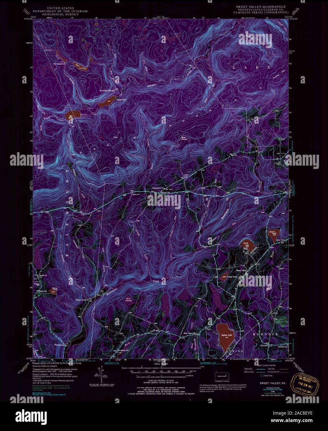 USGS TOPO Map Pennsylvania PA Sweet Valley 224031 1946 24000 Inverted ...