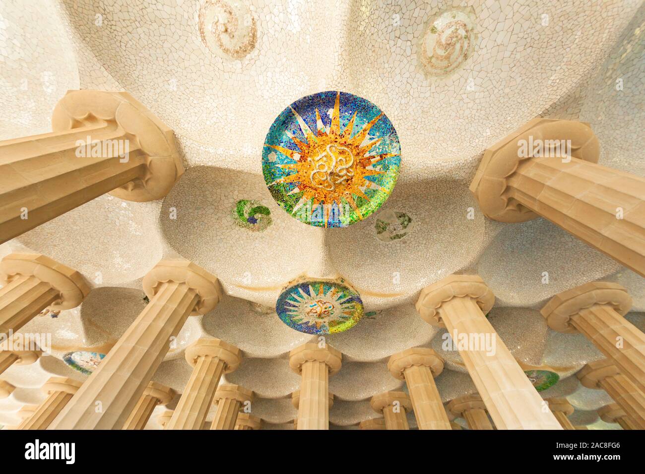Hall of 100 columns, Parc Guell, Barcelona, Catalonia, Spain, Europe ...