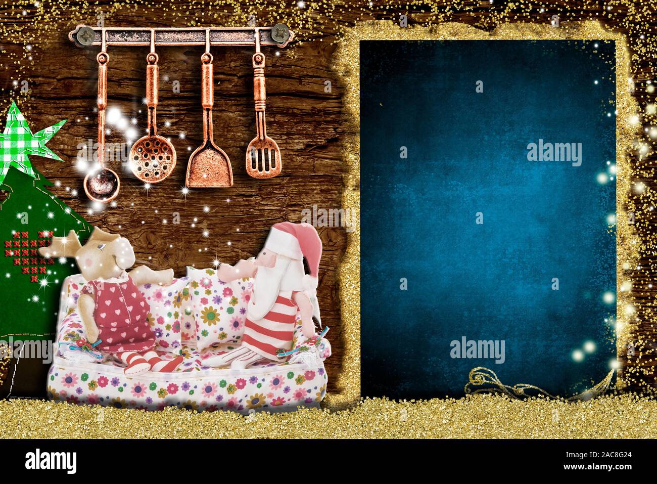 Christmas menu dinner card. Santa Claus and reindeer sitting and old ...