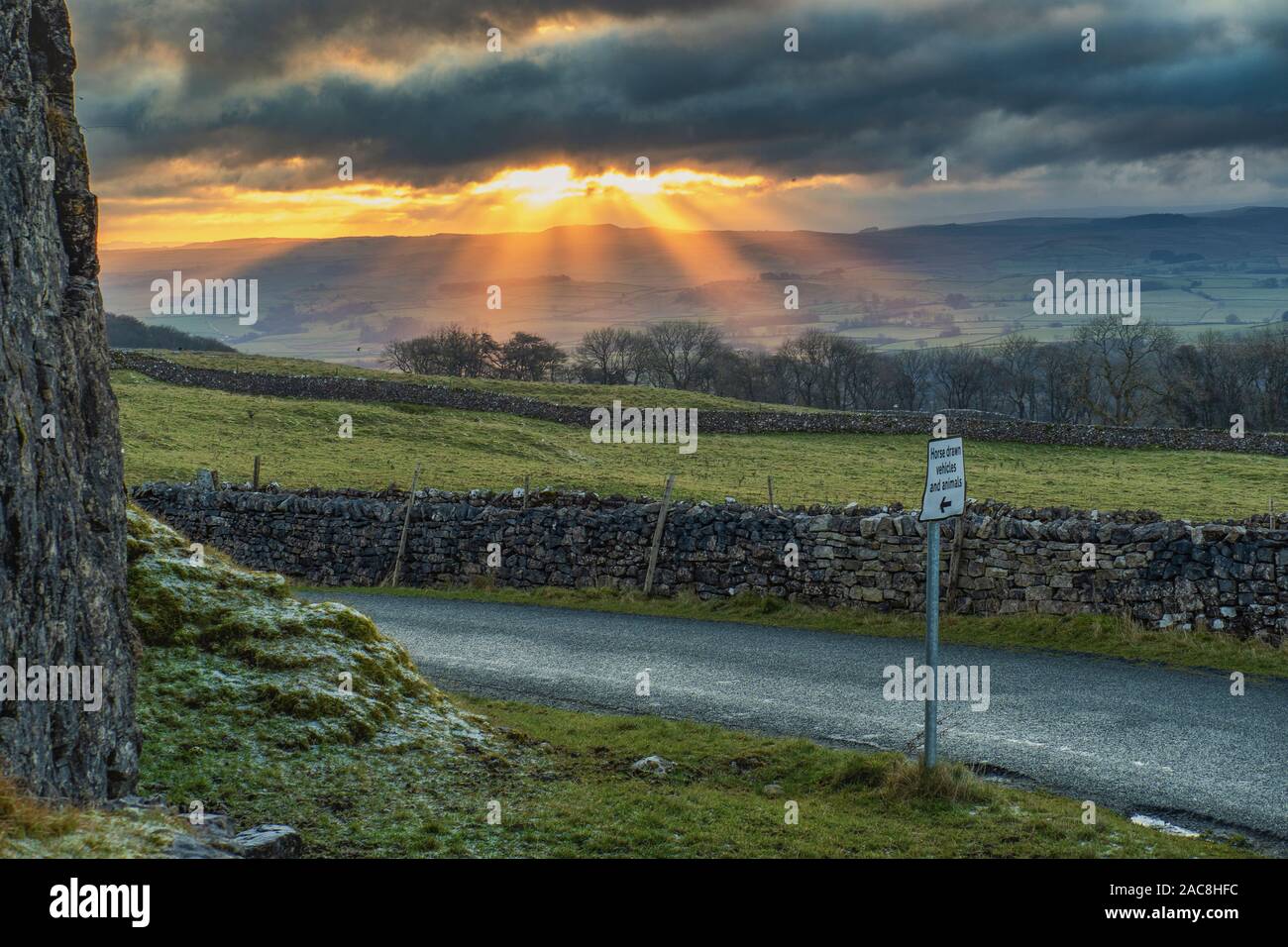 Settle sunset at Winskill Stones near Langcliffe in the Yorkshire Dales ...