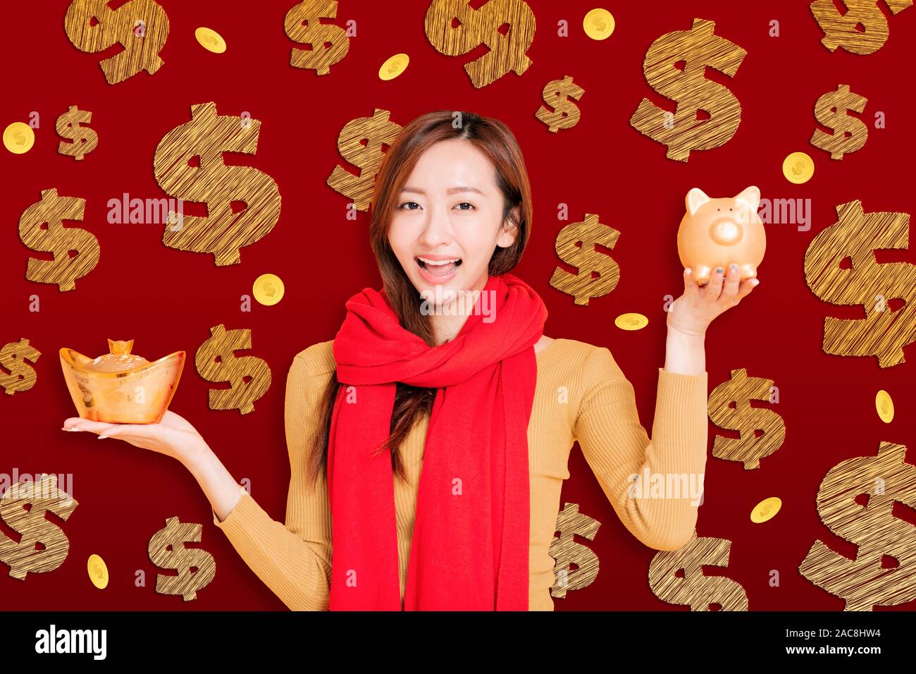 asian young woman showing the gold piggy bank celebrating for chinese ...