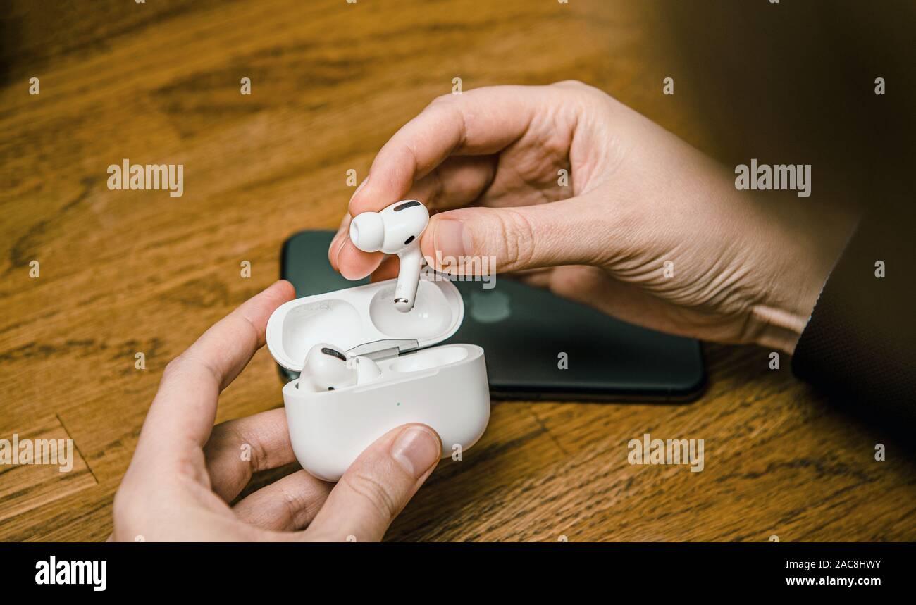 Paris, France - Oct 30, 2019: Overhead view of woman hands unboxing new ...