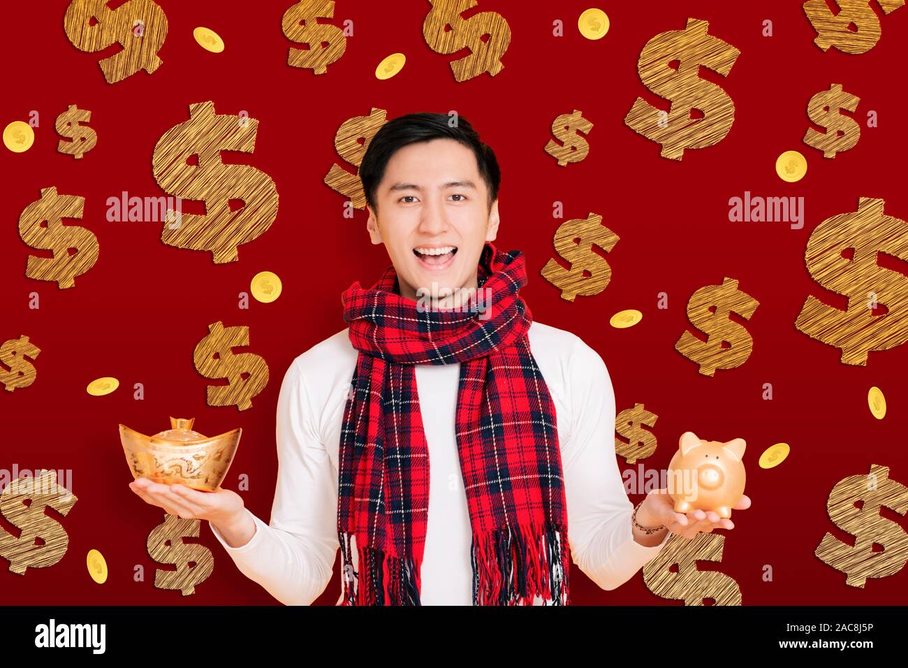 asian young man showing the gold piggy bank celebrating for chinese new ...