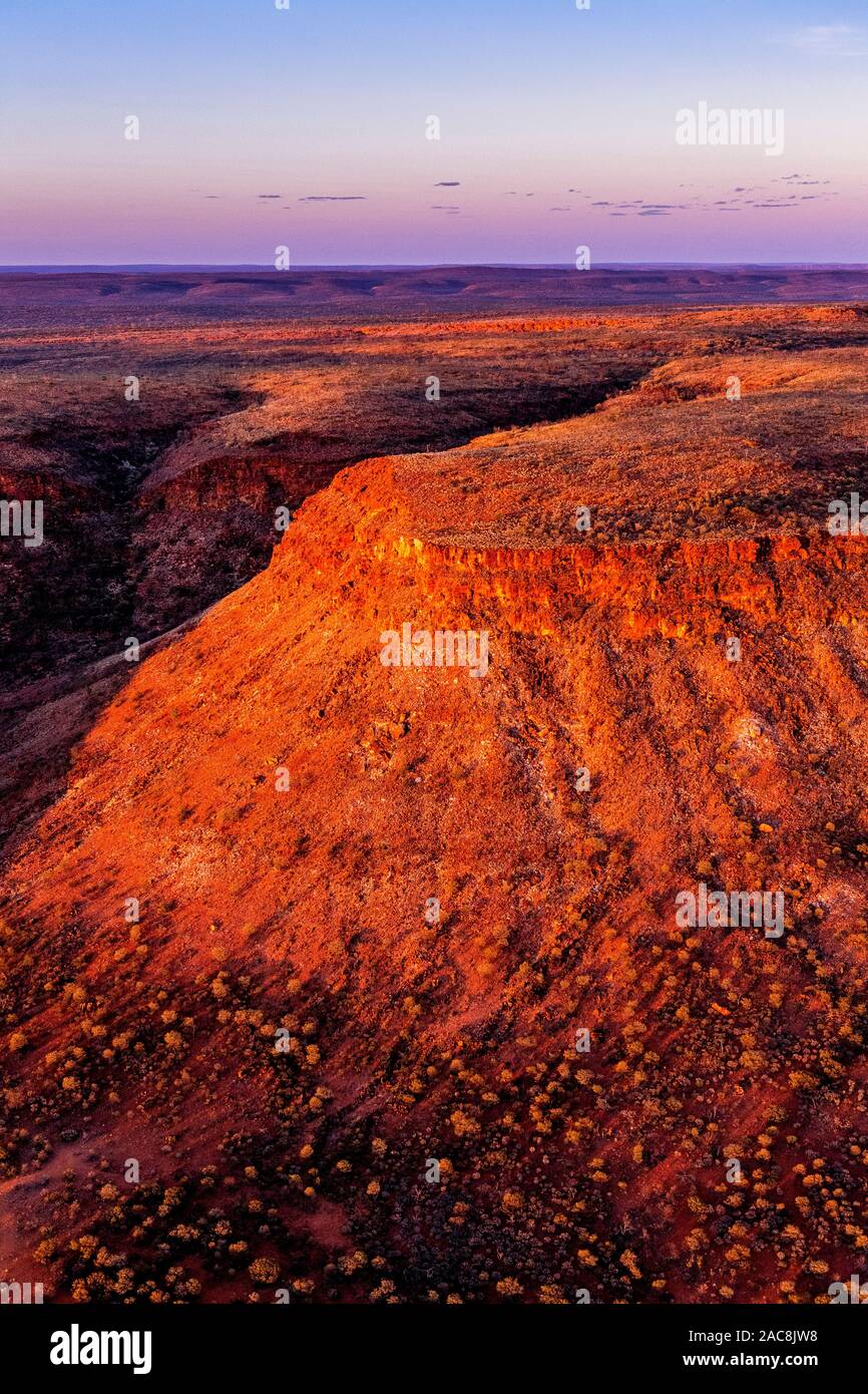 Sunset in the Australian outback. This aerial image shows the remote ...
