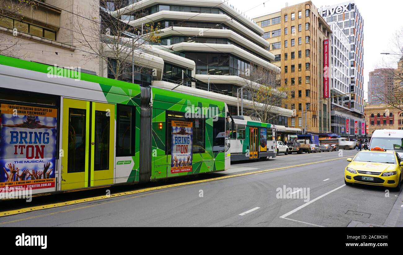MELBOURNE, AUSTRALIA -15 JUL 2019- View of a tram in Melbourne, the ...