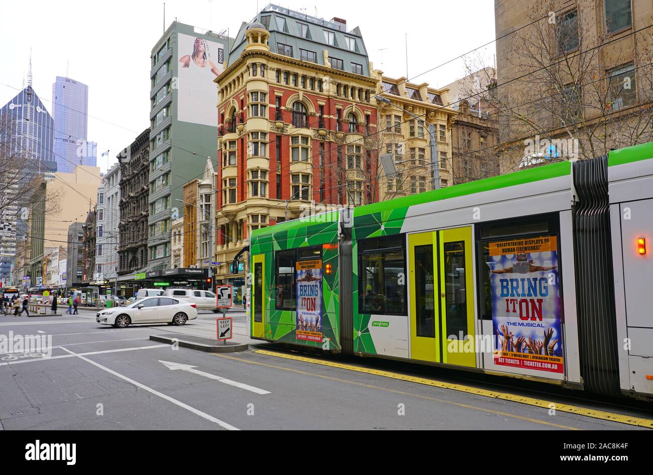 MELBOURNE, AUSTRALIA -15 JUL 2019- View of a tram in Melbourne, the ...