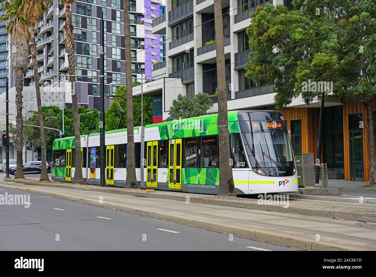 MELBOURNE, AUSTRALIA -15 JUL 2019- View of a tram in Melbourne, the ...