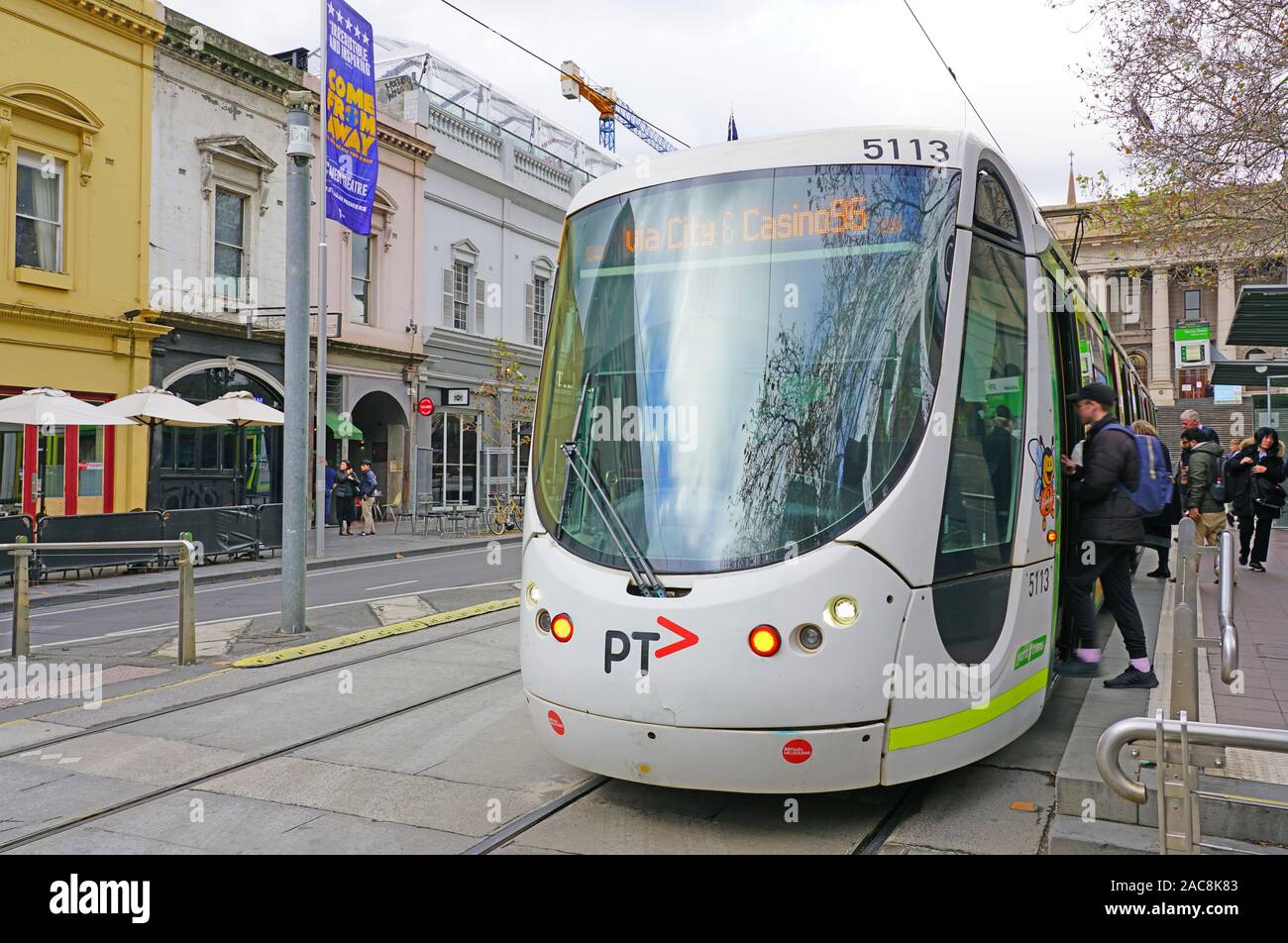 MELBOURNE, AUSTRALIA -15 JUL 2019- View of a tram in Melbourne, the ...