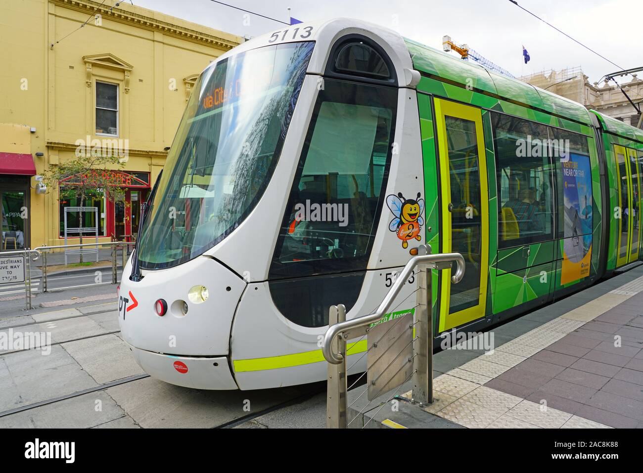 MELBOURNE, AUSTRALIA -15 JUL 2019- View of a tram in Melbourne, the ...