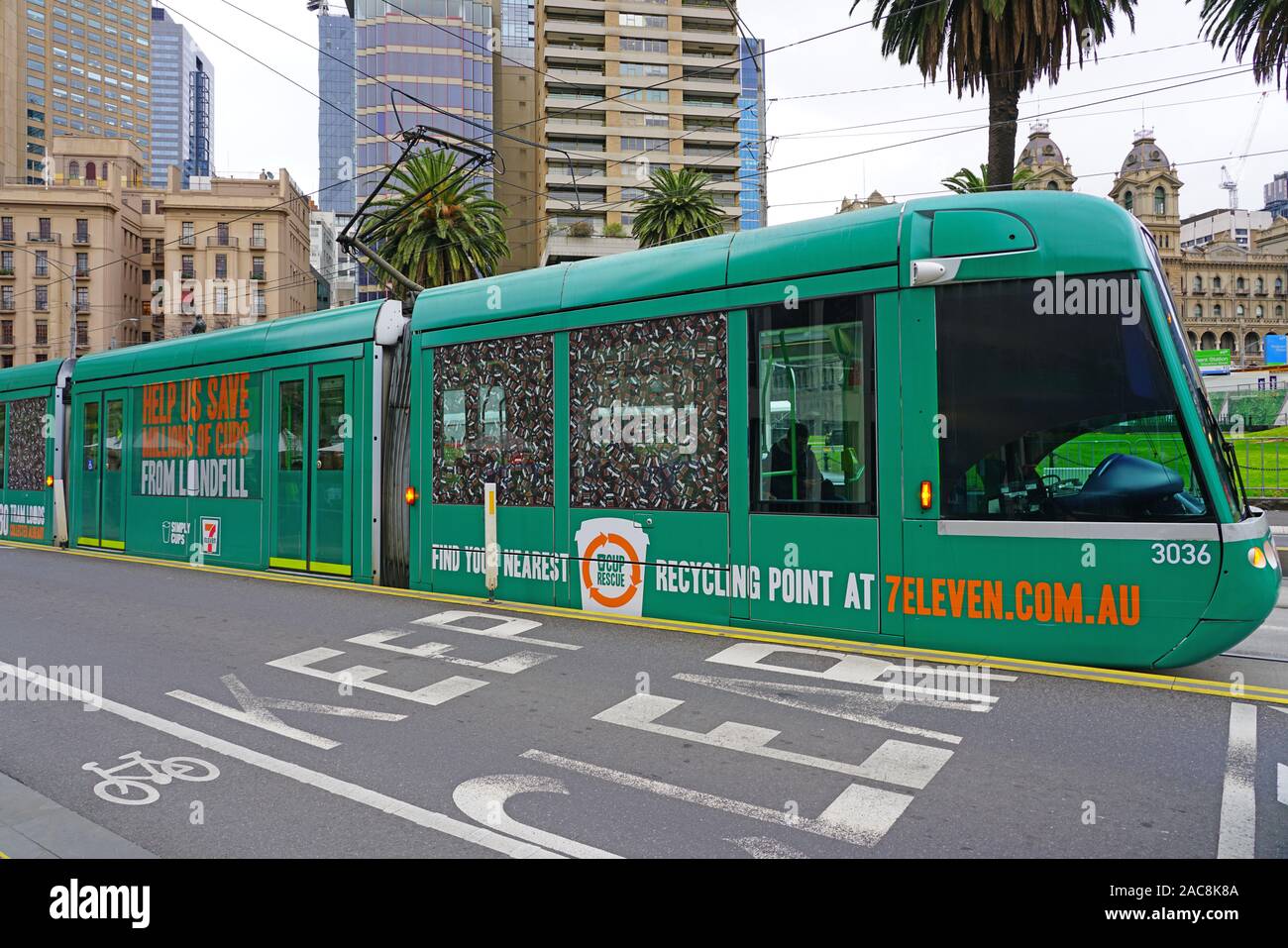 MELBOURNE, AUSTRALIA -15 JUL 2019- View of a tram in Melbourne, the ...