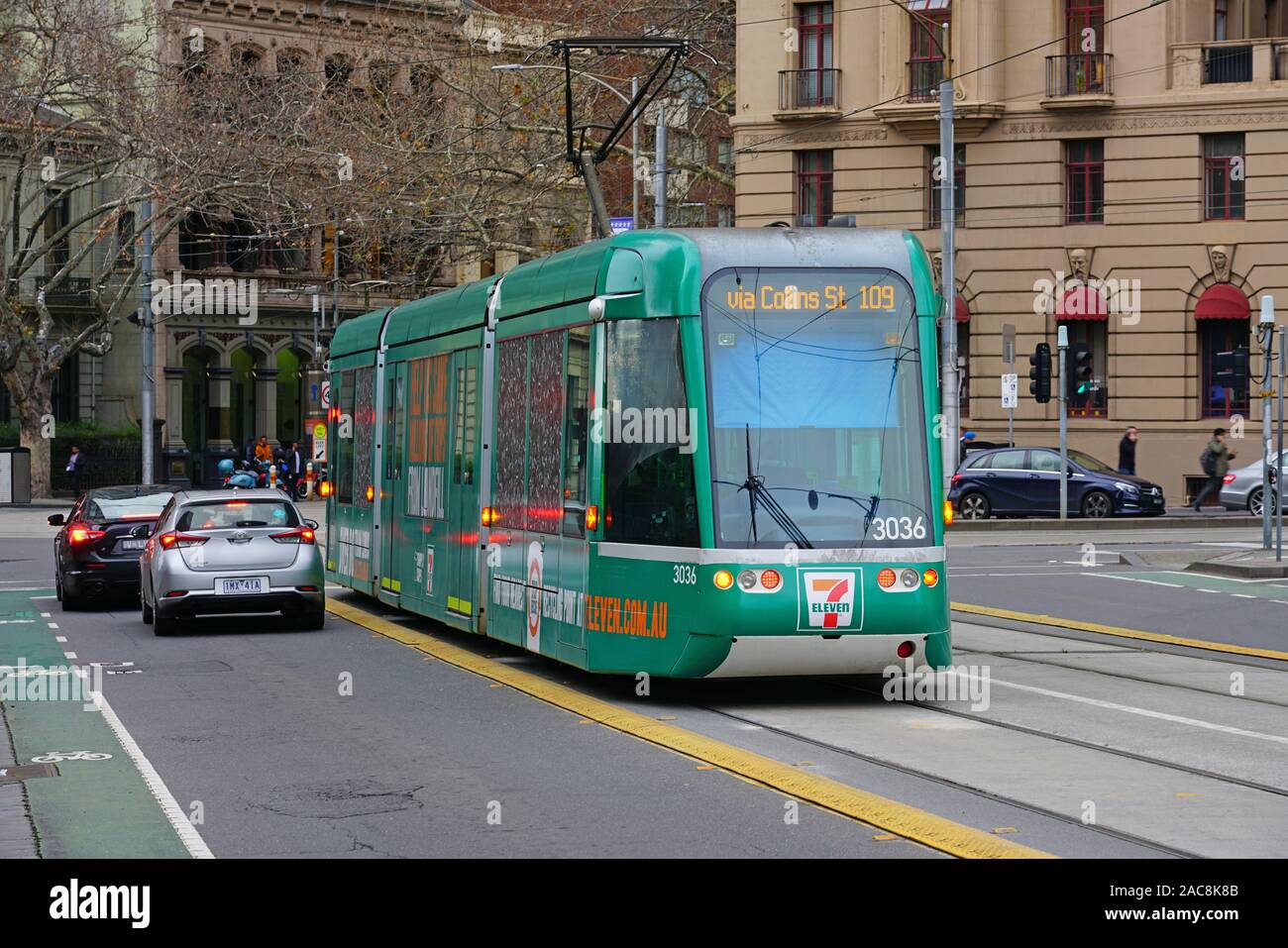 MELBOURNE, AUSTRALIA -15 JUL 2019- View of a tram in Melbourne, the ...
