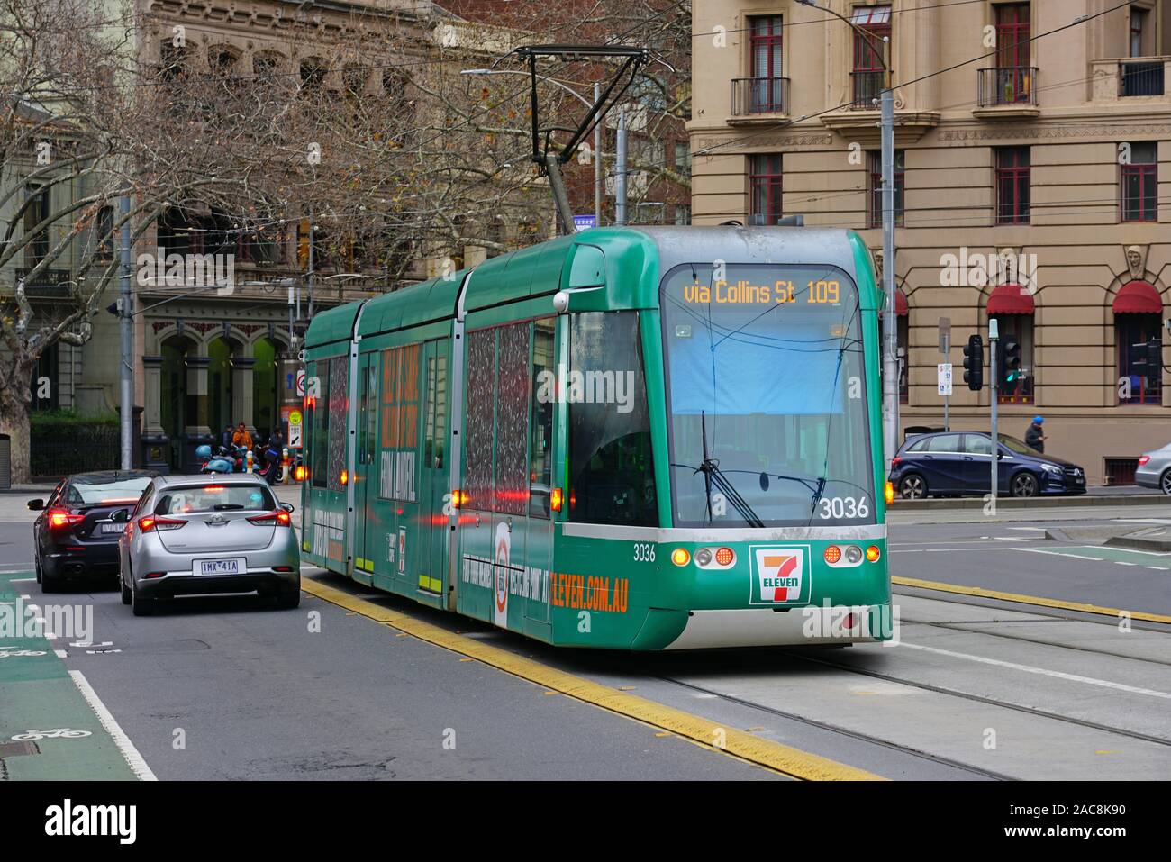 MELBOURNE, AUSTRALIA -15 JUL 2019- View of a tram in Melbourne, the ...