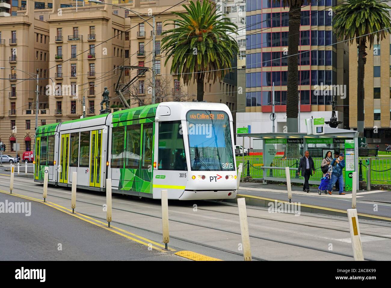 MELBOURNE, AUSTRALIA -15 JUL 2019- View of a tram in Melbourne, the ...