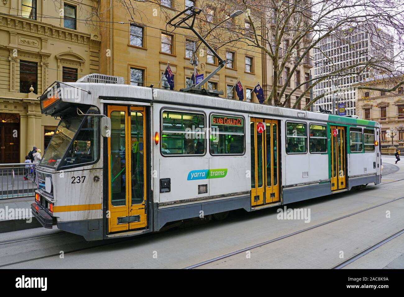 MELBOURNE, AUSTRALIA -15 JUL 2019- View of a tram in Melbourne, the ...