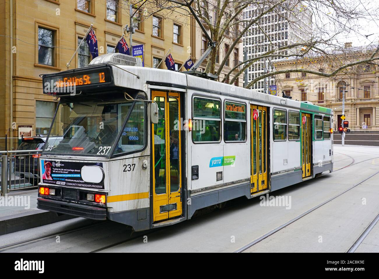 MELBOURNE, AUSTRALIA -15 JUL 2019- View of a tram in Melbourne, the ...