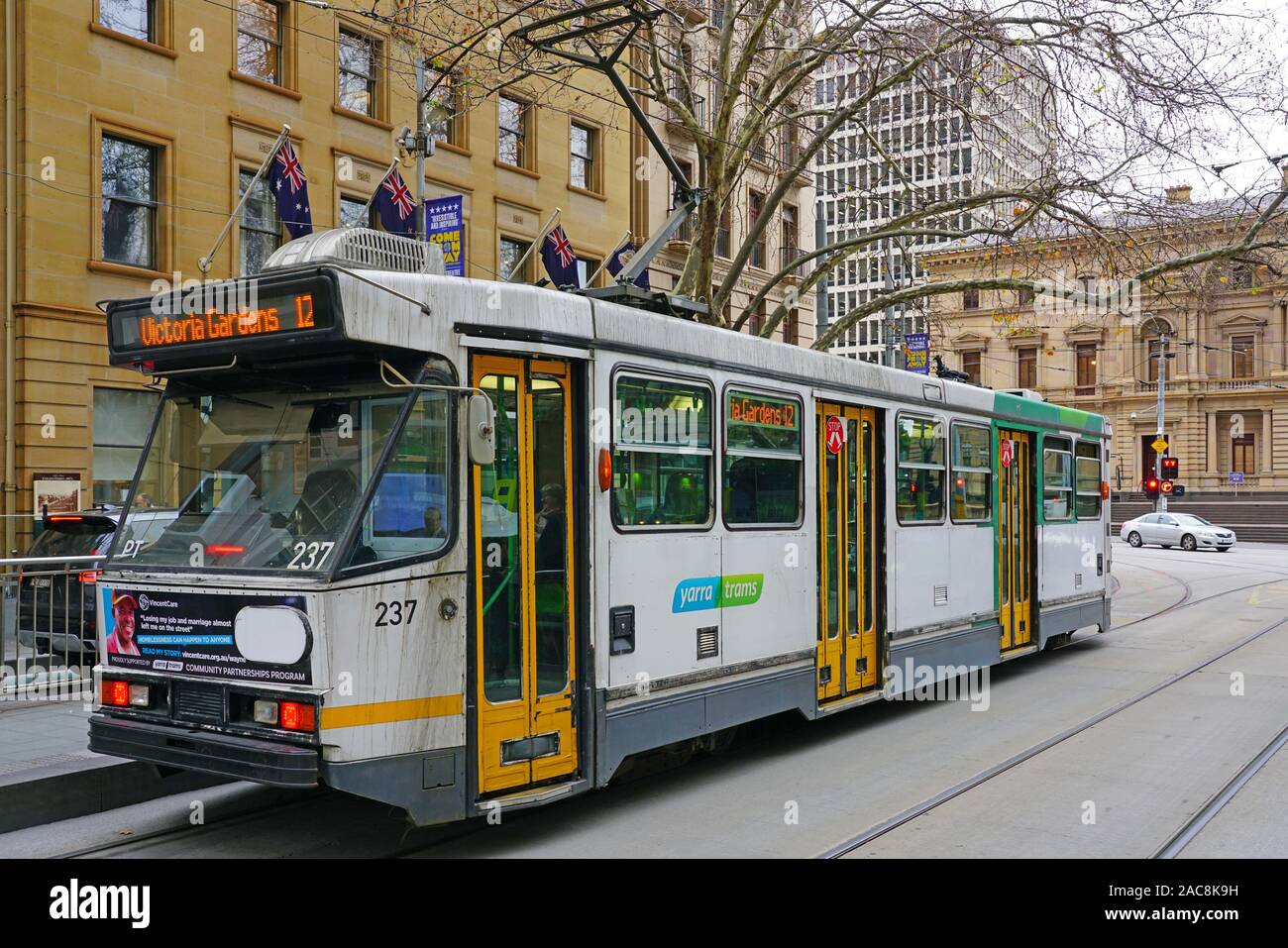 MELBOURNE, AUSTRALIA -15 JUL 2019- View of a tram in Melbourne, the ...