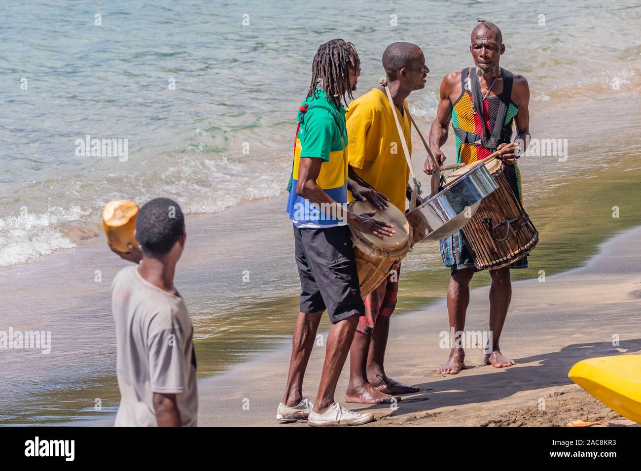 Steel drum and percussion band on Paradise beach in Saint Vincent and ...