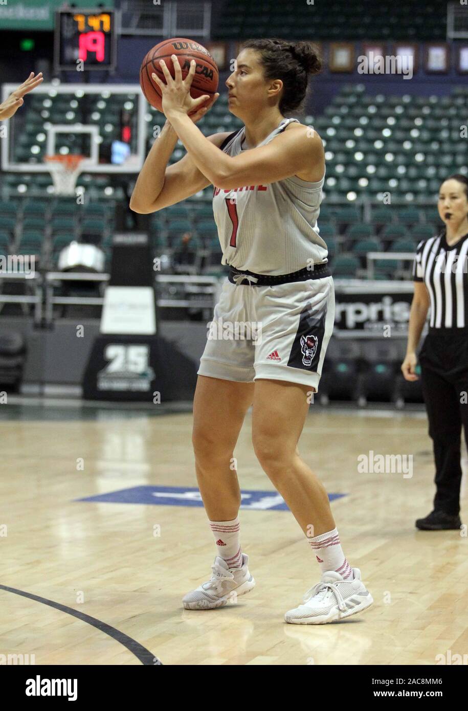 December 1, 2019 - NC State Wolfpack guard Aislinn Konig #1 eyes a shot ...