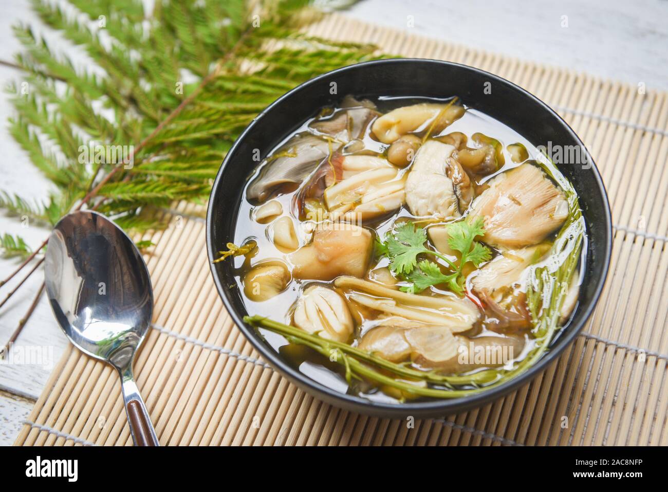 Mushroom soup bowl / Yellow wild mushroom or grisette Amanita hemibapha ...