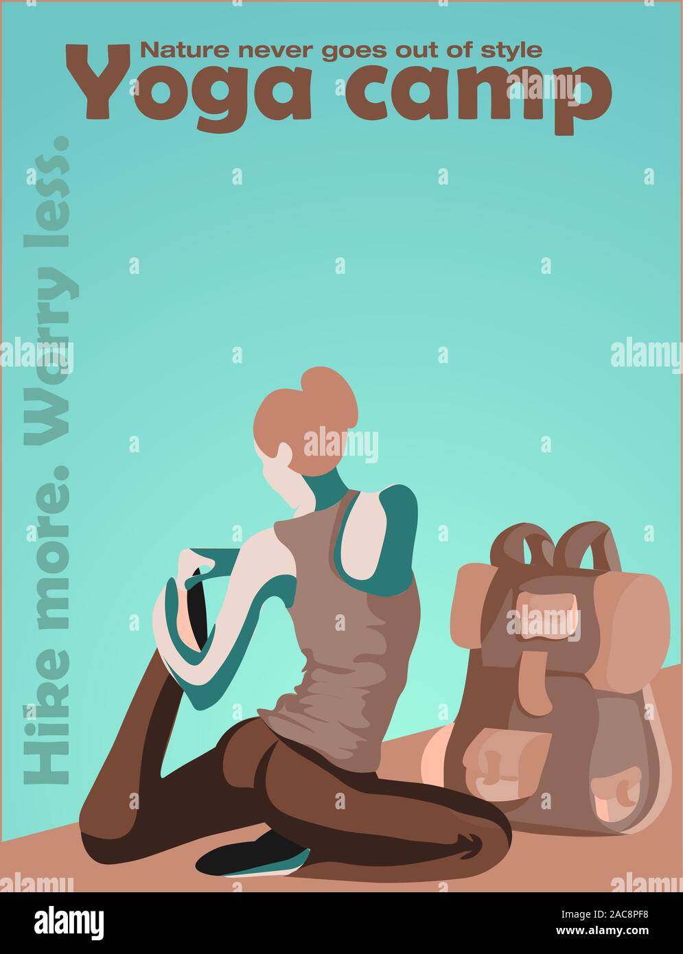 Woman stretching in a pose at the top of the mountain. Yoga camp girl ...