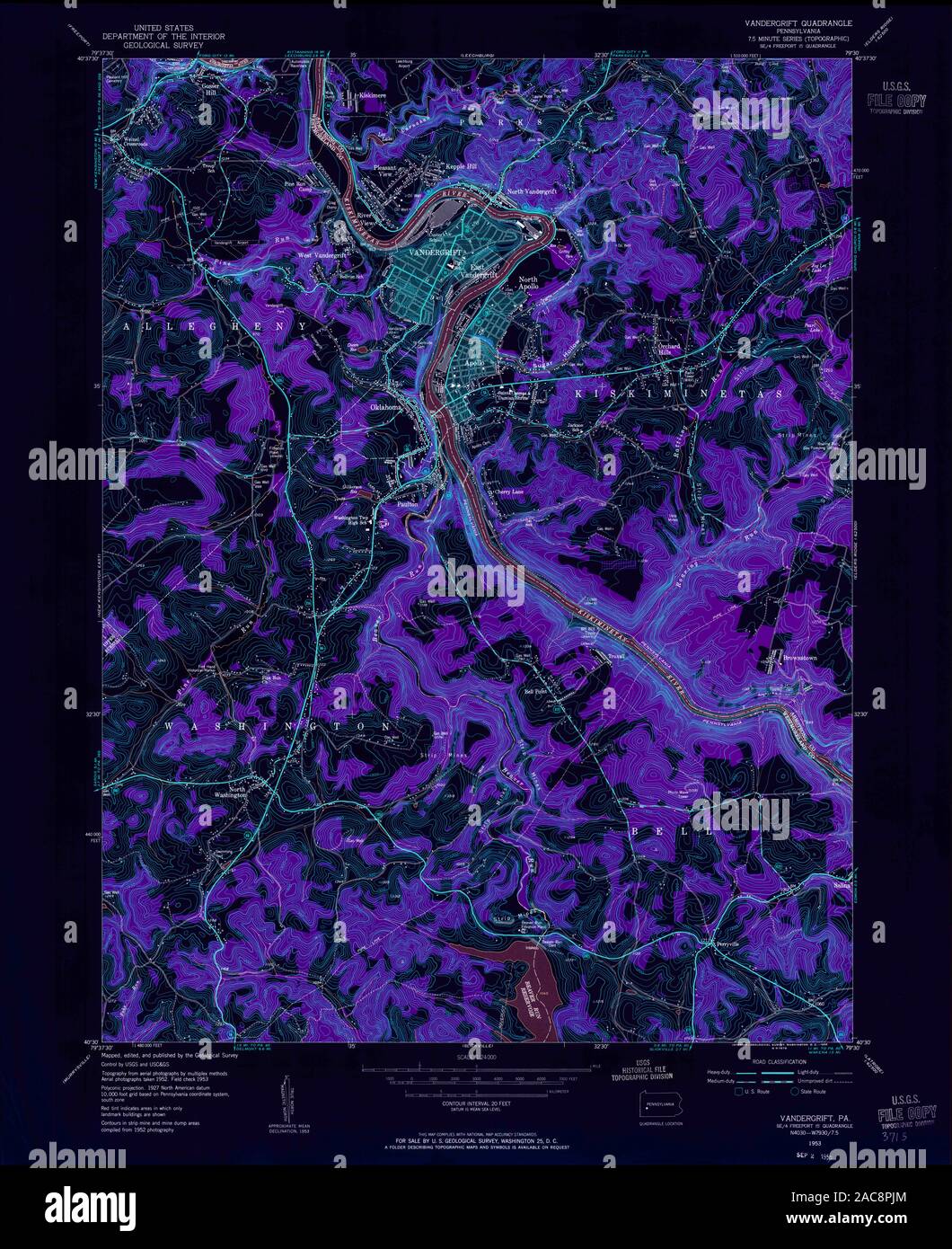 USGS TOPO Map Pennsylvania PA Vandergrift 222332 1953 24000 Inverted ...