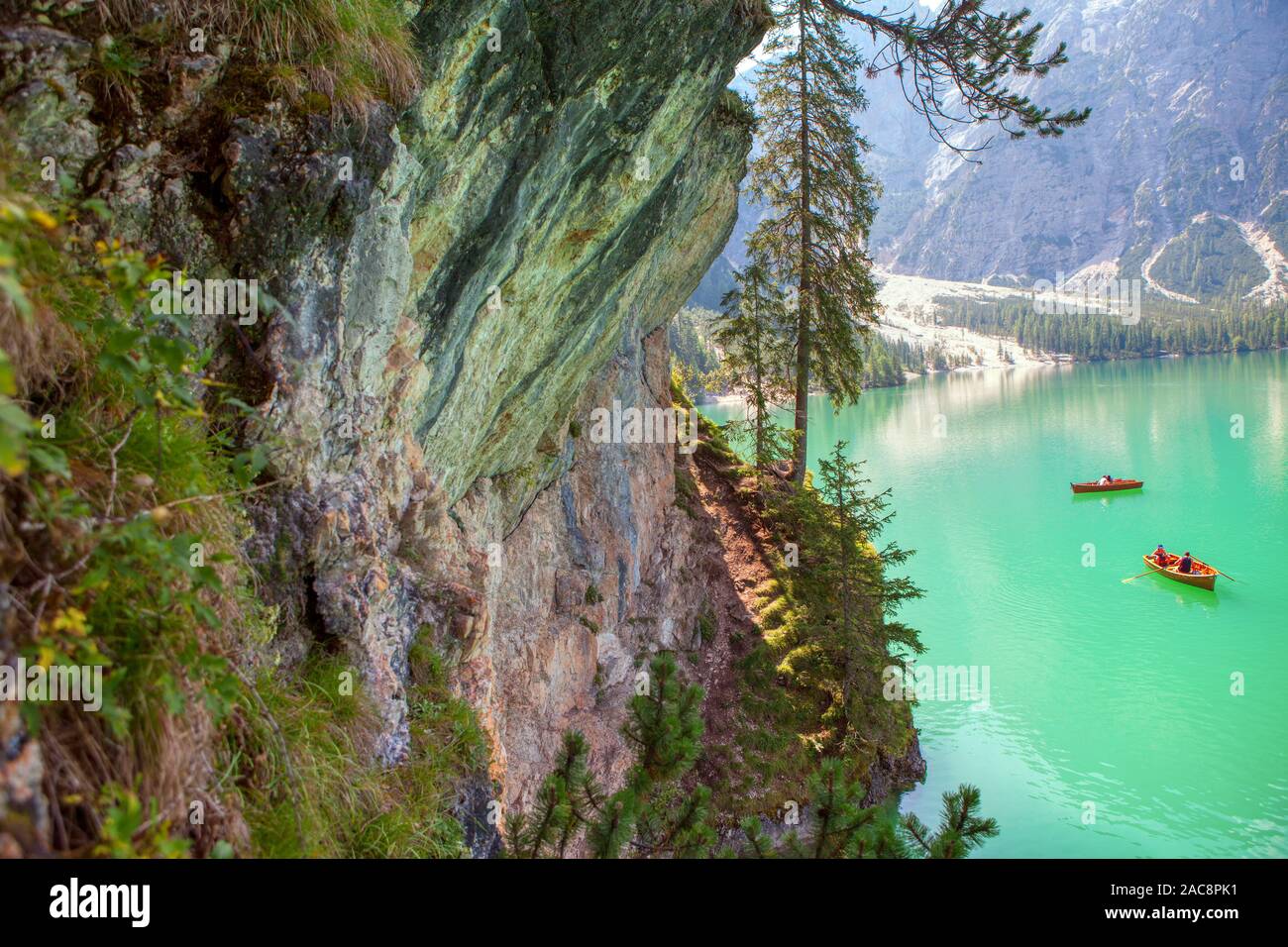 aerial cliff view and lake with boats Stock Photo - Alamy