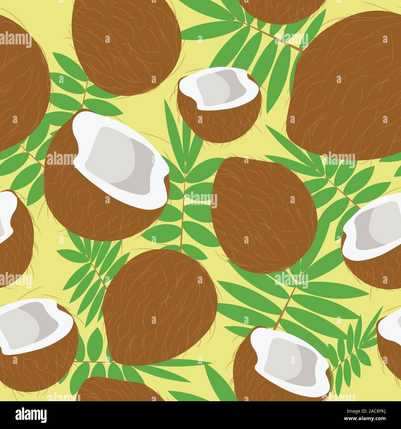 Coconut fruits and palm leaves seamless pattern. Illustration of brown ...