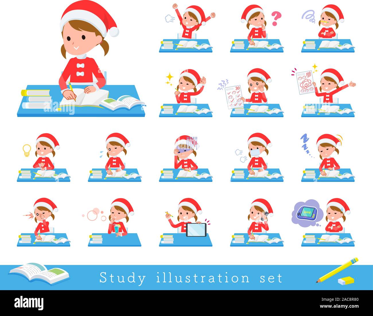 set of Santa Claus costume girl on study.There are various emotions and ...