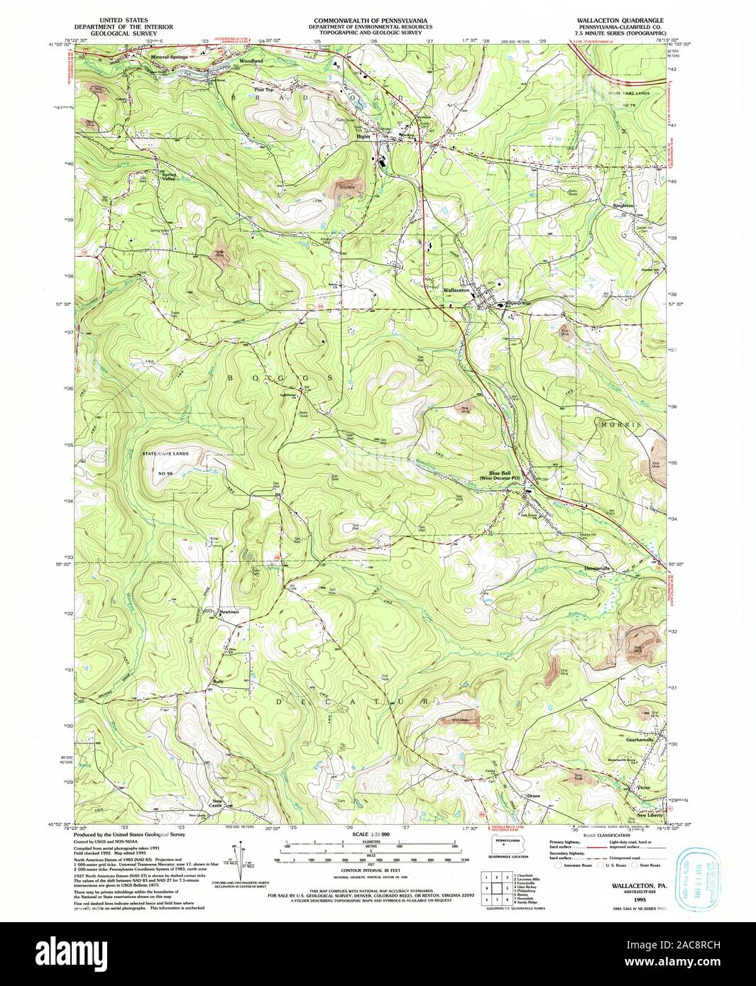 USGS TOPO Map Pennsylvania PA Wallaceton 223601 1993 24000 Restoration ...