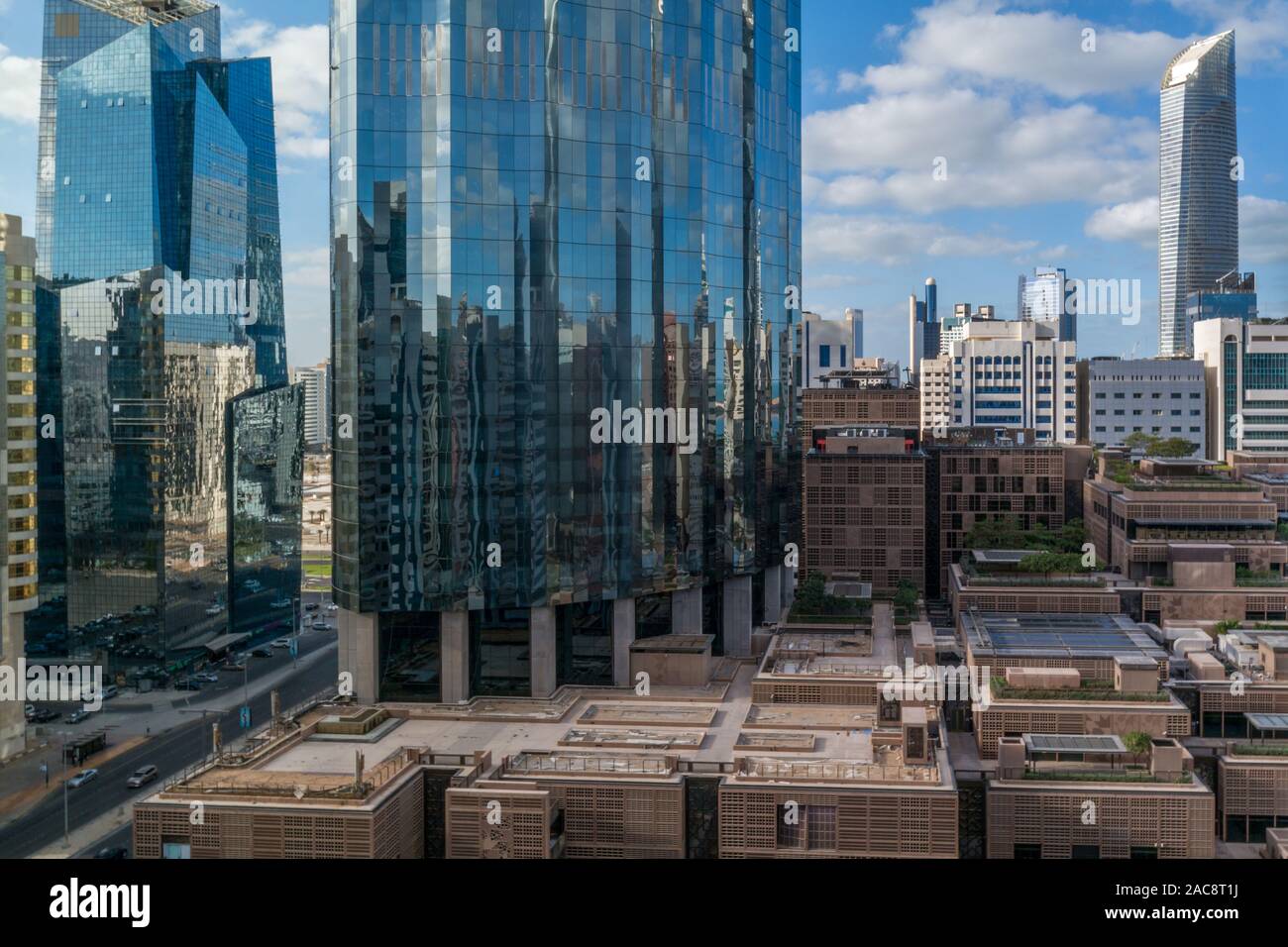 Aerial shot of the WTC (World Trade Center) and the Mall on a cloudy ...