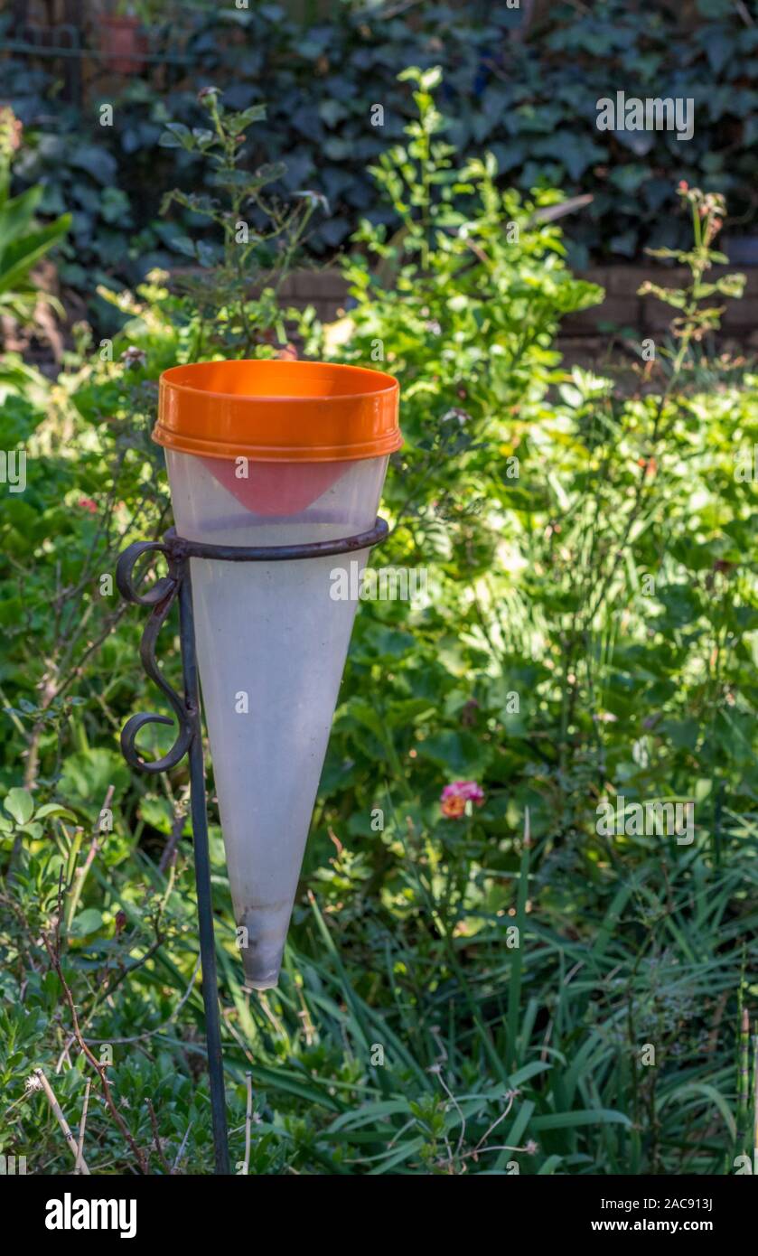 An empty rain gauge with a bright orange top isolated against a green ...