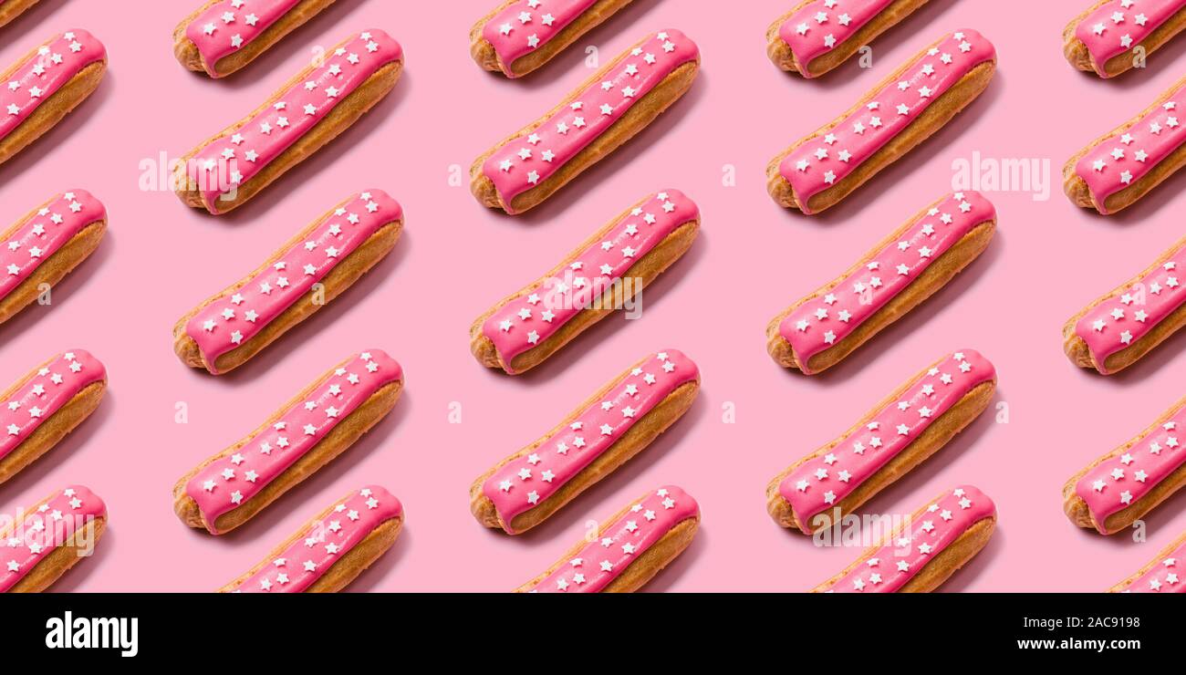 Seamless food creative texture or background. Eclairs pattern with pink ...