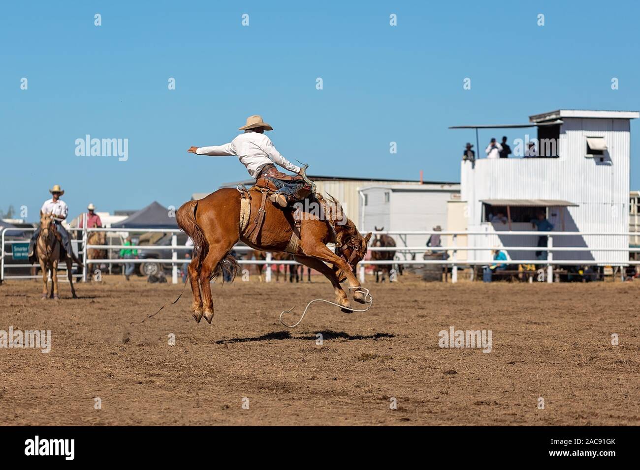 Cowboy riding a bucking bronco horse in a competition at a country ...