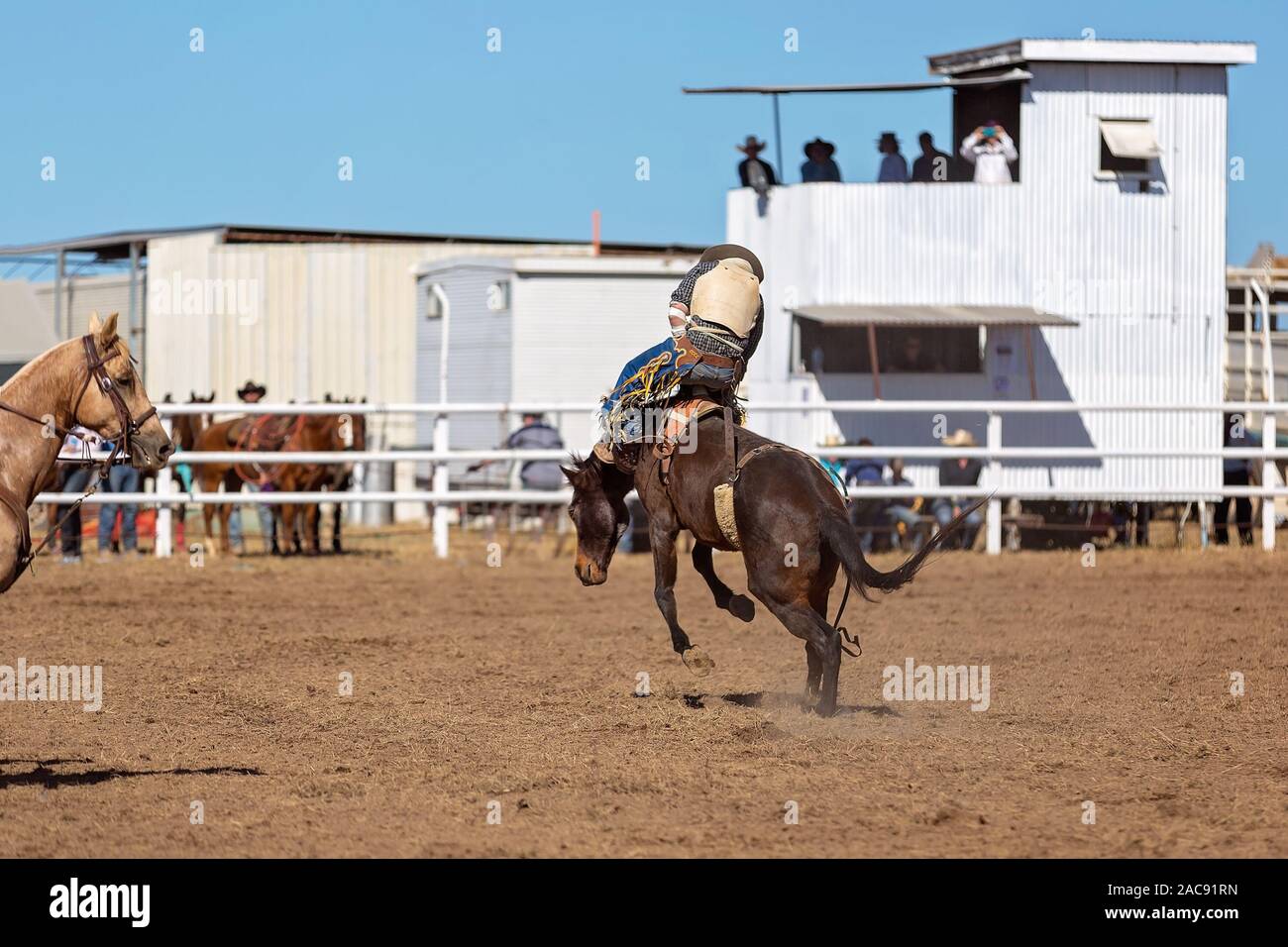 Cowboy riding a bucking bronco horse in a competition at a country ...