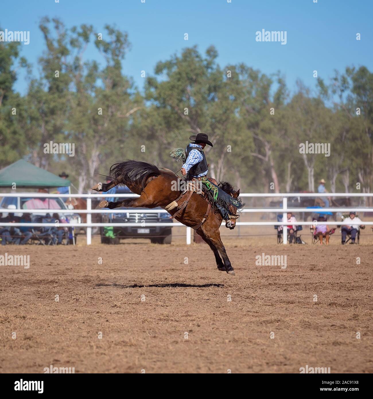 Cowboy riding a bucking bronco horse in a competition at a country ...