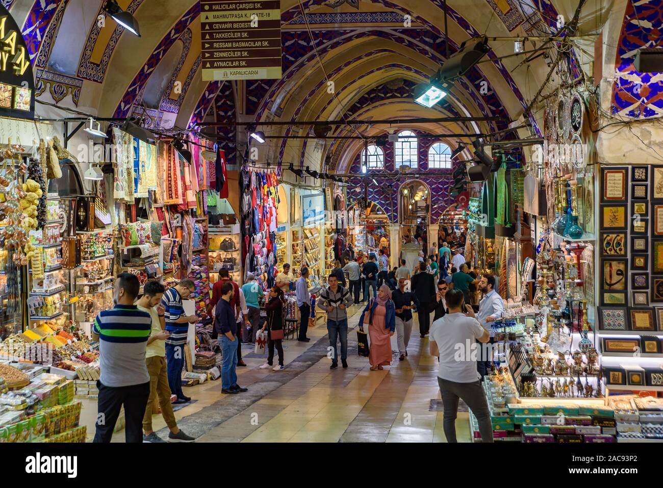 Shops inside Grand Bazaar in Istanbul, Turkey, one of the largest and ...