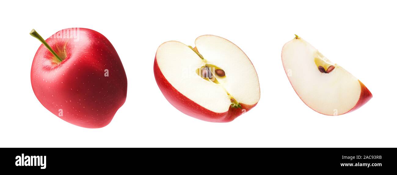 Set of fresh whole, cut half and slice red apple isolated on white ...