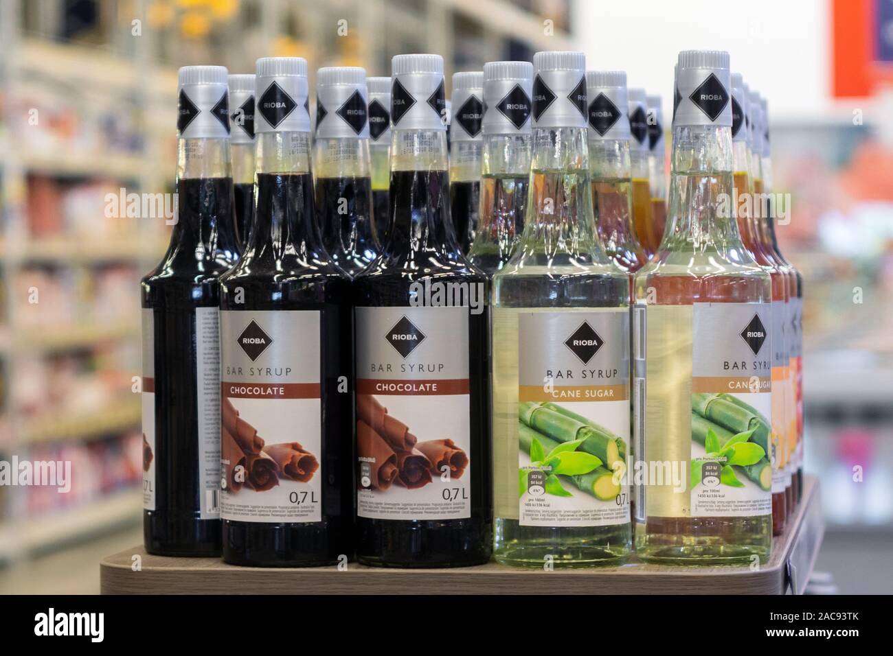 Volzhsky, Russia-may 10, 2019: syrup for cocktails Rioba chocolate and ...