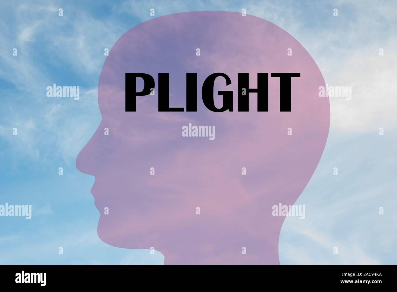 Render illustration of PLIGHT title on head silhouette, with cloudy sky ...
