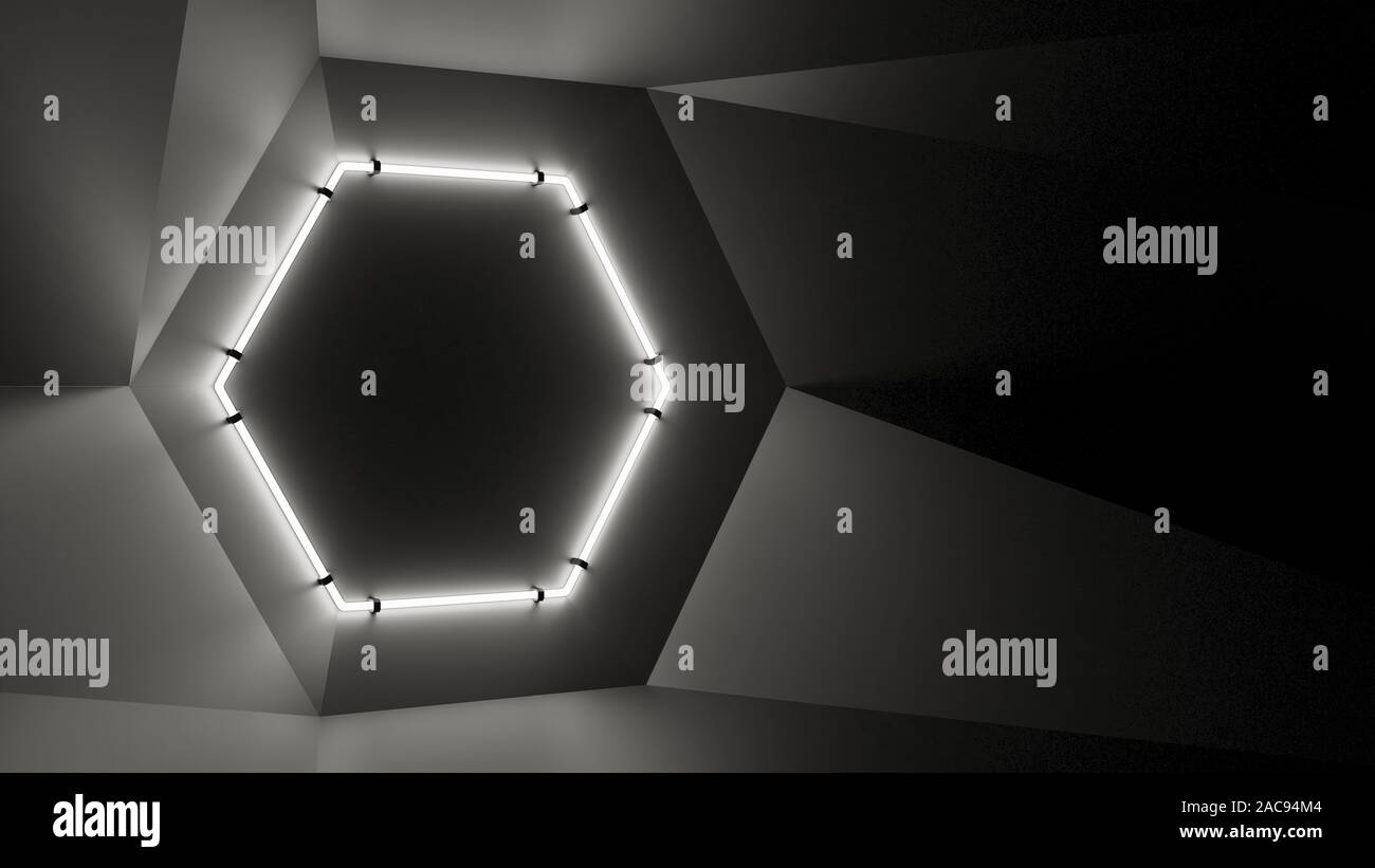 Abstract geometry lit by a neon white hexagonal lamp. Soft shadows. 3D ...