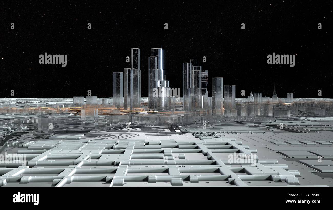 Abstract 3D city of glass with luminous roads on the surface imitating ...
